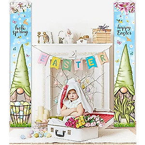 Easter Porch Sign Banner-Easter Gnomes Decoration Hello Spring Happy Easter Door Hanging Banner Outdoor Easter Party Supplies Photo Props for Porch