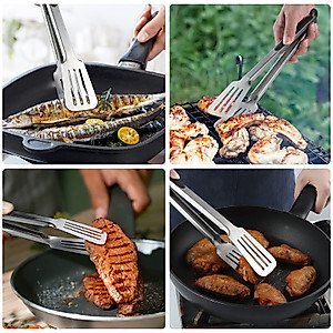 Lebabo Metal Tongs for Cooking, Set of 2 Stainless Steel Spatula Tongs for Grilling, Cooking and Flipping, Strong Grip for Ribs, Steak and Fish, Comfortable Grip, Easy Pull Lock, 9 inch & 12 inch