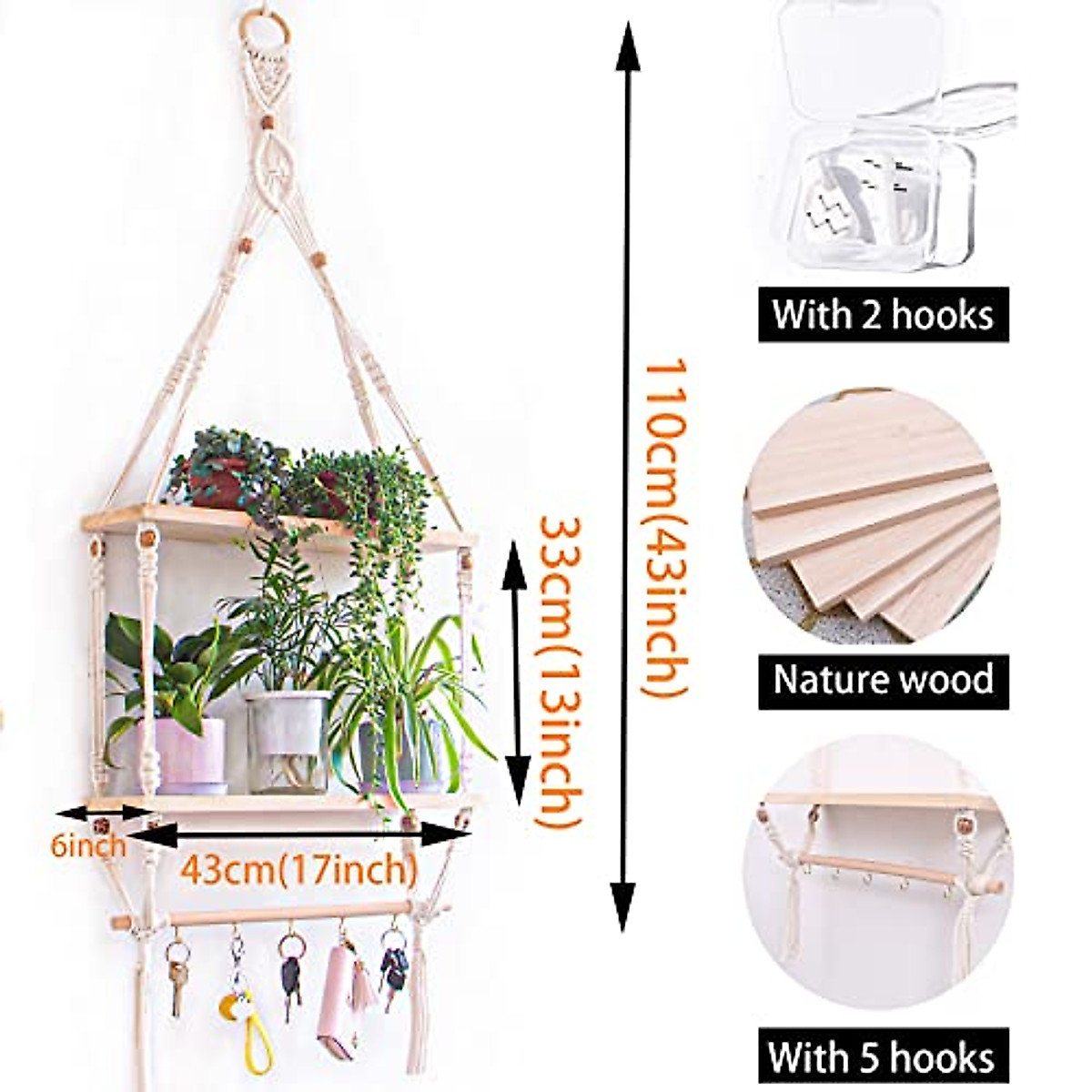 TENEWEE Wall Hanging Shelves with Hooks - 2 Tier Macrame Boho Floating Plant Photos Storage Rack Wood Shelf for Bedroom Living Room Bathroom
