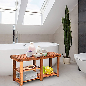 Tangkula 3-Tier Shoes Rack Bench, Entryway Storage Bench Shoes Organizer with Seat, Shoe Shelf for Boots, Acacia Wood Bench for Hallway, Bathroom, Living Room, Corridor Garden