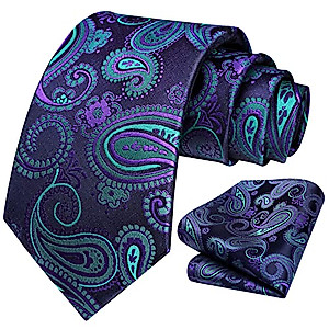 HISDERN Ties for Men Purple Paisley Mens Tie and Pocket Square Blue Woven Classic Business Mens Necktie Handkerchief for Wedding Party