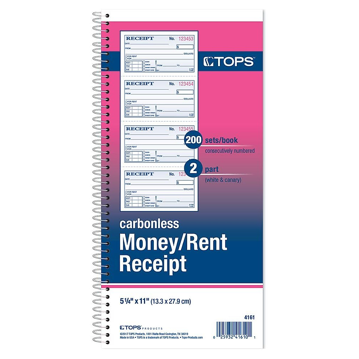 TOPS Money/Rent Receipt Book, 2-Part, Carbonless, 11 x 5.25 Inches, 4 Receipts/Page, 200 Sets per Book (4161) , White