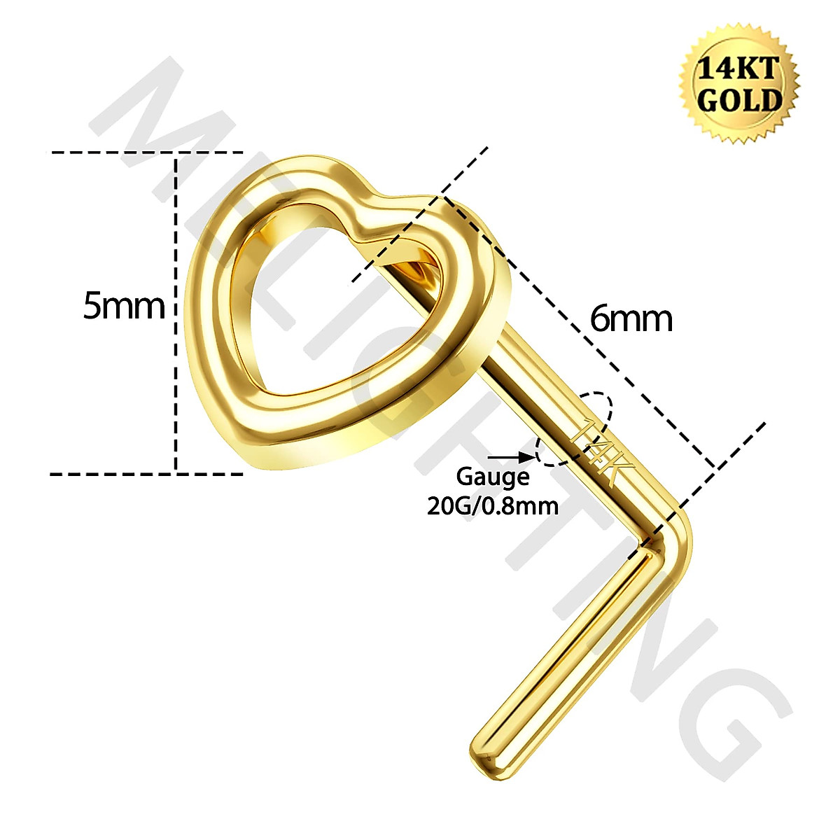 MeIighting 14K Gold Nose Rings 20G Star Nose Stud L Shaped Heart Nose Piercing Jewelry for Women Men Real Gold Body Piercing Jewelry Woman