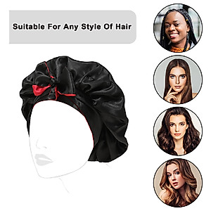 Satin Bonnet Silk Sleep Cap Hair Bonnets for Women Stretchy Tie Band Hair Cap for Curly Hair Silk Hair Wrap(Black+Red)