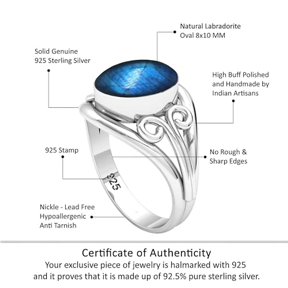 JEWELOPORIUM 925 Sterling Silver Ring for Women Gray Real Labradorite Stone Statement Silver Ring Size 6.5 Wedding Gift Fashion Jewelry