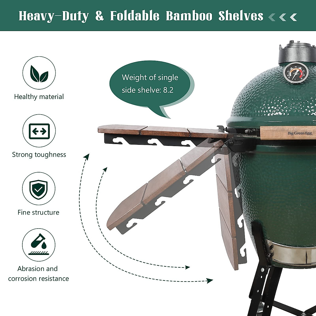 Dracarys Bamboo Side Shelves for Big Green Egg,3 Slat Bamboo Egg Mate with Folding Side Shelves Table,Large Big Green Egg Side Table Replacement - 3 Shelves Slats for Large Big Green Egg