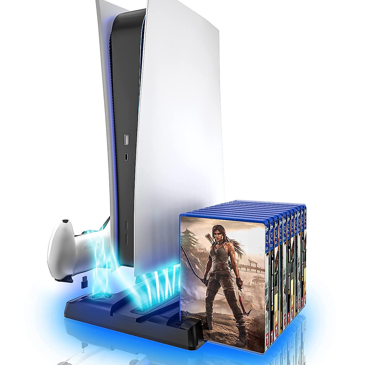 HEATFUN PS5 Charger Stand with Cooling Fan, 3 Levels Adjustable Speed, 12 Game Rack Organizer, Dual USB Ports, LED Indicator, Compatible with Disc and Digital Versions