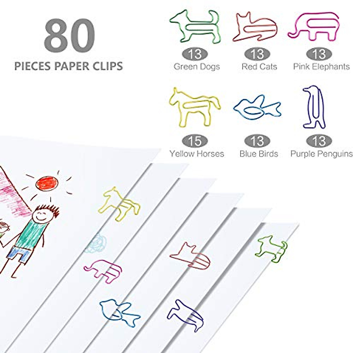 80 PCS Cute Animal Shaped Paperclips, 6 Design and Colors in Gift Box for Students Office Stuffer （Pony, Doggy, Kitten, Bird, Penguin, Elephant）