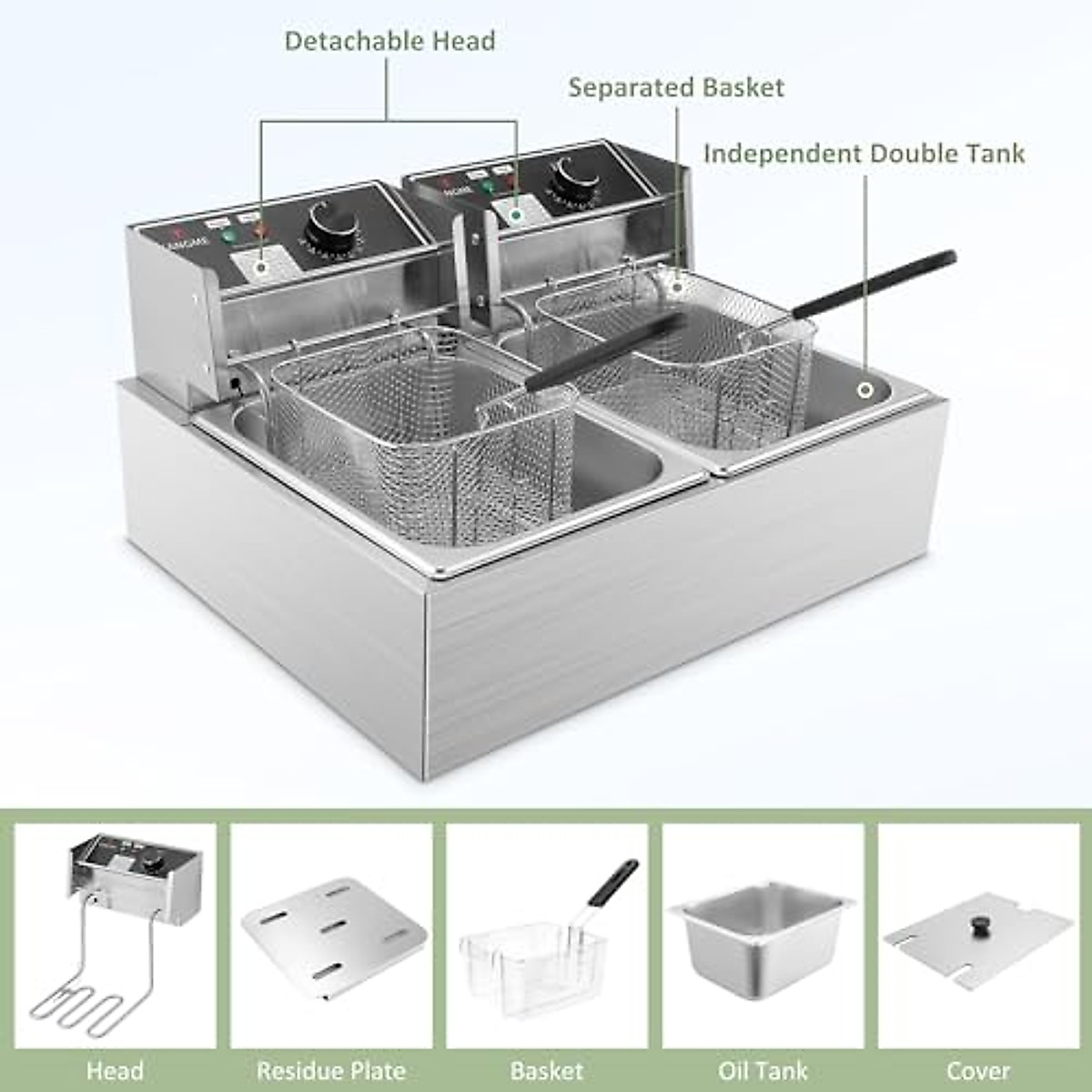 Commercial Deep Fryer, 3400W Electric Deep Fryers with 2x6.35QT Baskets 0.8mm Thickened Stainless Steel Countertop Oil Turkey Fryer 20.7QT Large Capacity with Temperature Limiter