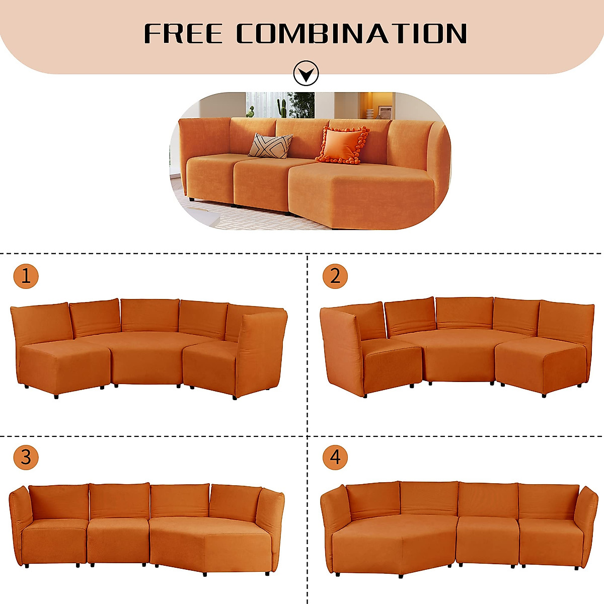 Verfur 106.3" Free Combination Curved Adjustable Backrest, 4-Seater Modular Sectional, Confy Upholstery Convertible Corner Sofa & Couches for Living Room, Office, Apartment, Orange
