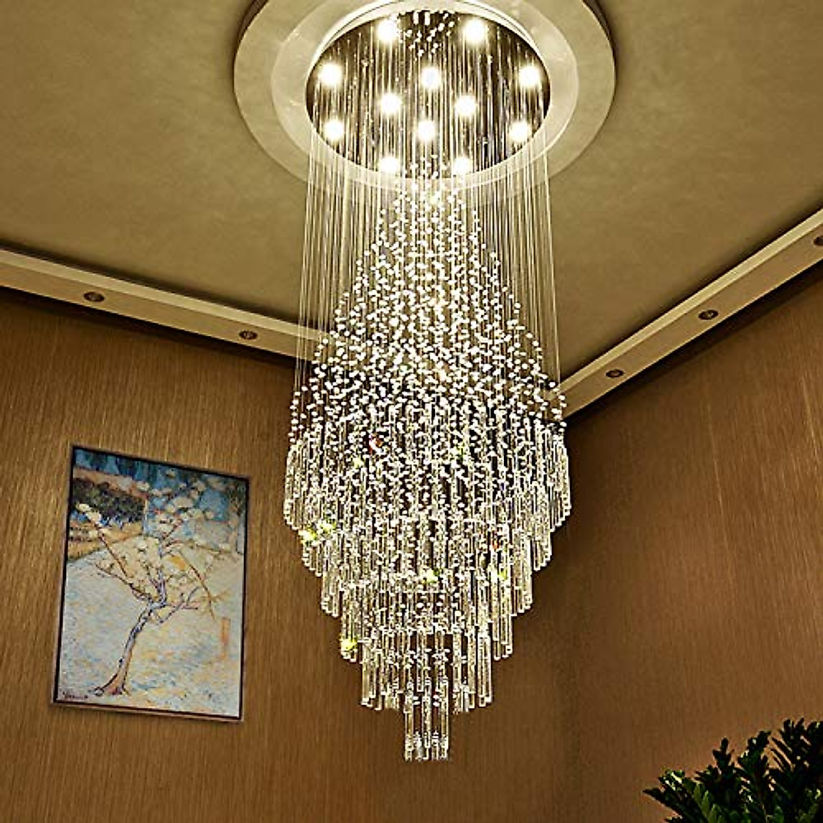 Luxury Large Foyer Chandelier, Modern 12-Lights Round Raindrop Crystal Chandeliers High Ceiling Flush Mount Light Fixtures for LivingRoom Entryway, Stairs D31.5 X H86.7 of CRYSTOP