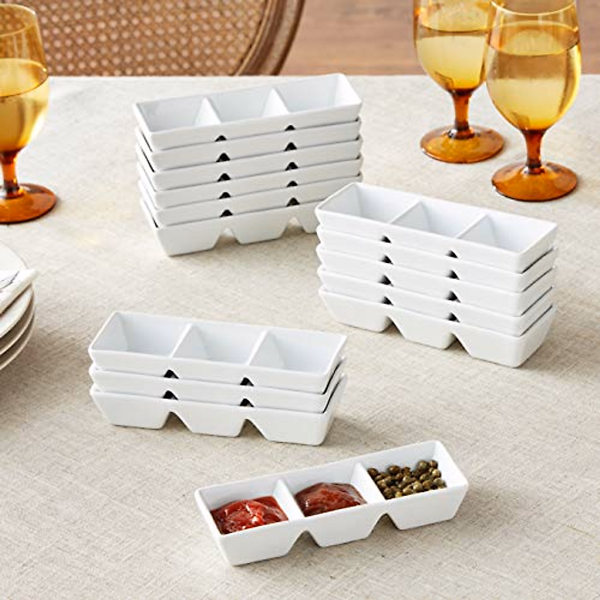 CAC China CN-3T7 Divided Tray 7-Inch by 2-1/2-Inch 1.5-Ounce 3 Super White Porcelain 3-Compartment Rectangular Tray, Box of 24