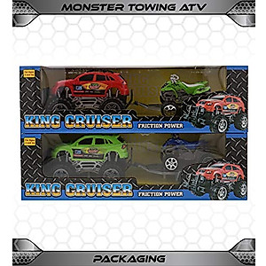 Mozlly Friction Powered Monster Trucks Car Toy SUV Towing ATV Toys Set of 2 - Monster Truck with Trailer ATV Toys for Fun Playtime Indoor or Outdoor - 2 Pack