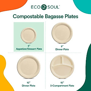 ECO SOUL 100% Compostable 6 Inch Paper Plates [100-Pack] Disposable Party Plates I Heavy Duty Eco-Friendly Sturdy Appetizer Plates Disposable I Biodegradable Unbleached Sugarcane Eco Plates