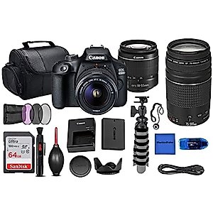 Canon EOS 4000D (Rebel T100) DSLR Camera w/EF-S 18-55mm F/3.5-5.6 Lens + EF 75-300 Lens + Case + Sandisk 64GB Memory Card + 3pc Filter Kit + Tripod + Card Reader + Cleaning Kit (Intl Model) (Renewed)