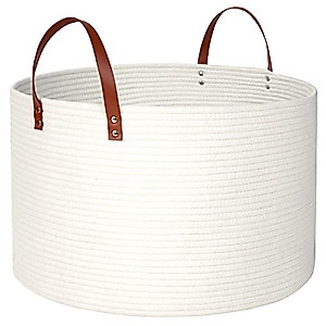 MINTWOOD Design Extra Large 20 x 13 Inches Decorative Cotton Rope Basket, Blanket Basket Living Room, Woven Laundry Basket, Storage Baskets Bin, Round Pillow Towel Basket with Long Handles, White
