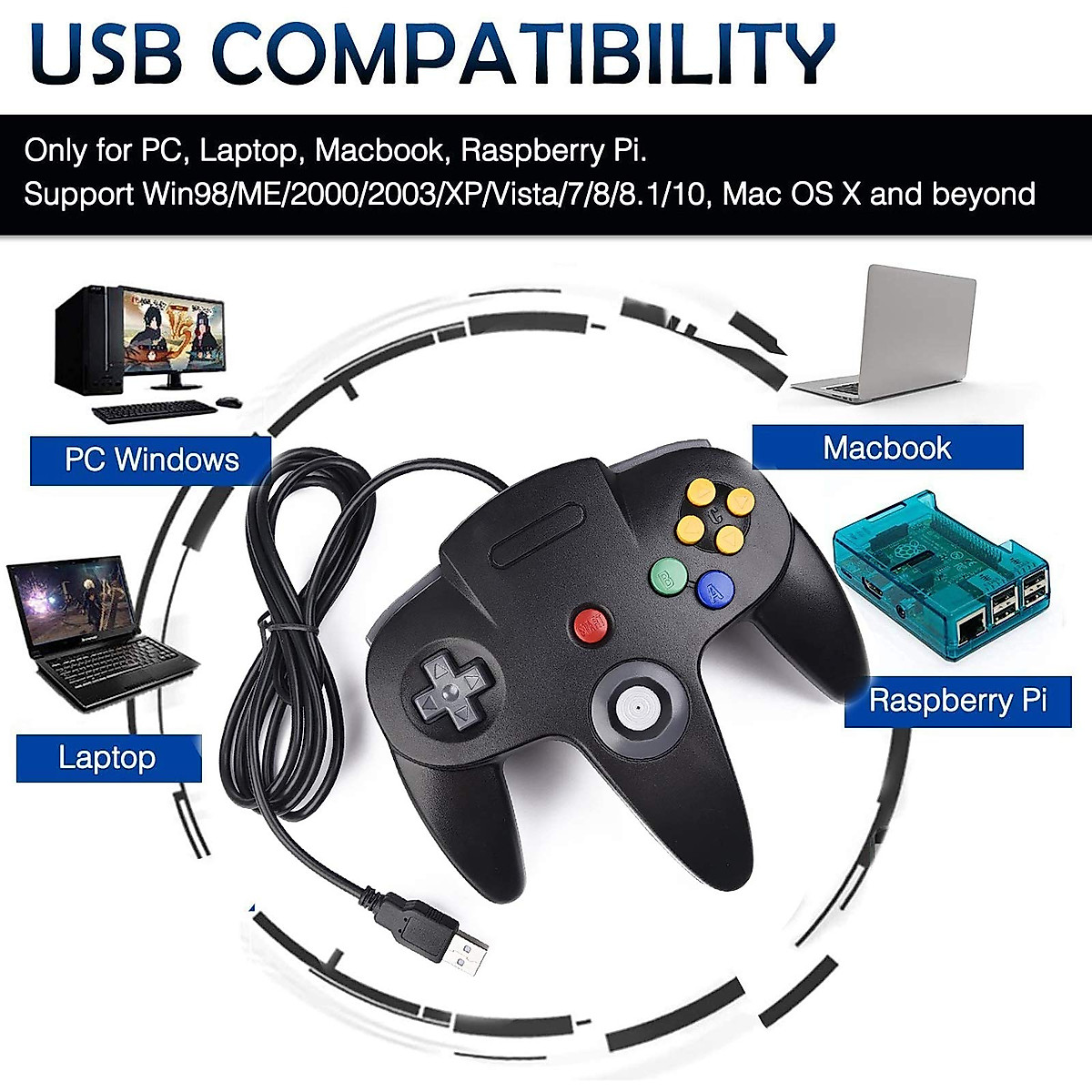 2 Pack Classic N64 Controller, miadore N64 Wired USB PC Game pad Joystick, N64 Bit USB Wired Game Stick Joy pad Controller for Windows PC MAC Linux Raspberry Pi 3 Sega Genesis (Clear Green/Black)