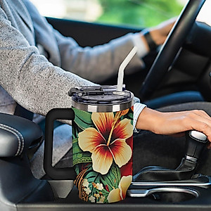 LYHVSFJW 40 Oz Tumbler with Handle Straw Hawaiian Style Print Pattern Water Cup with Lids Stainless Steel Water Bottle Travel Insulated Mug Coffee Mug Vacuum Insulated Cup for Daily Use