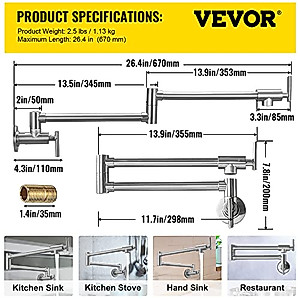 VEVOR Pot Filler Faucet, Solid Brass Commercial Wall Mount Kitchen Stove Faucet with Gold Brushed Finish, Folding Restaurant Sink Faucet with Double Joint Swing Arm & 2 Handles