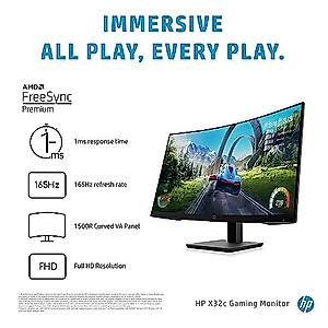 HP 32-inch Curved Gaming Monitor VA HA FHD 1ms 165hz Display, EyeSafe, TÜV certified (X32c, Black)
