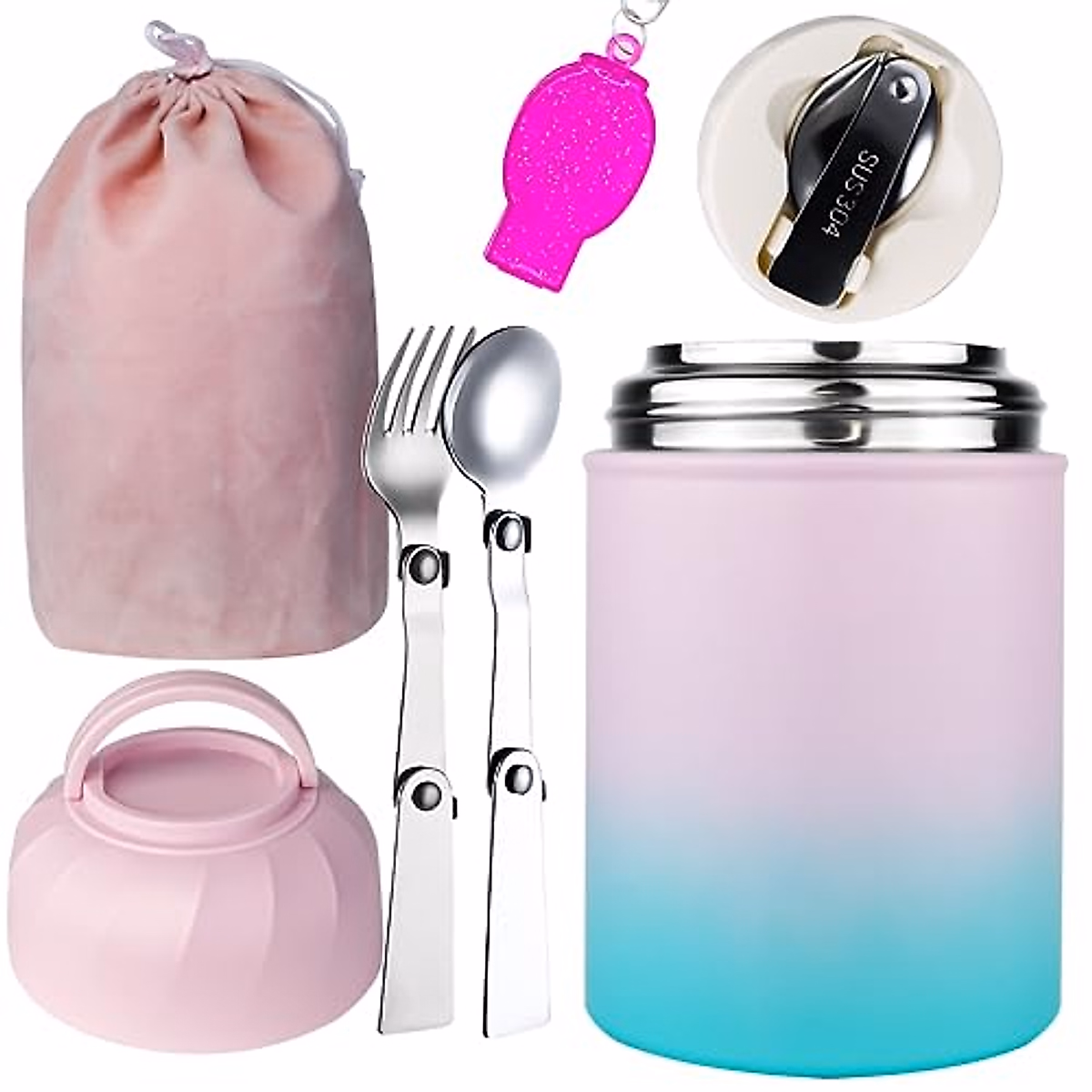 CocoMeiwei Thermos for Hot Food & Drinks, Thermos Lunch Box for Kids, 17oz Vacuum Insulated Food Container with Spoon&&Drawstring Bag, Soup Thermos for Adults, Pink&Green