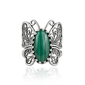 Filigranist Sterling Silver Filigree Art Butterfly Women Cocktail Ring with Gemstones (Malachite, 9)