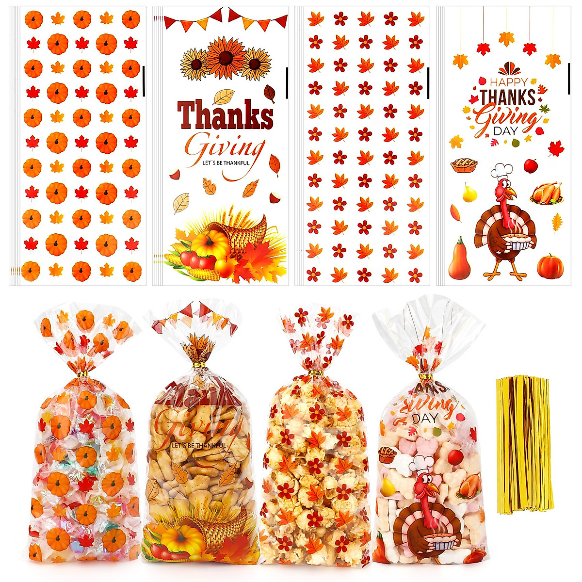 STPIYFZU Thanksgiving Treat Bags, 50 Pcs Fall Cellophane Treat Bags, Pumpkin Maple Leaf turkeys Candy Goodie Treat Bags with Twist Tie for Thanksgiving Fall Autumn Theme Party Favor Bag (4 Styles)