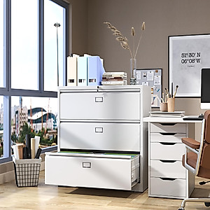 VIYET Lateral File Cabinet with Lock,3 Drawer Metal Filing Cabinets for Home Office,Storage Cabinet for Hanging Files Letter/Legal/F4/A4 (White)