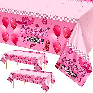 HyDren 3 Pcs Pink Cowgirl Party Tablecloth 54 x 108 Inch Western Disco Cowgirl Birthday Decorations Disposable Plastic Table Cover Rectangular Horse Party Supplies for Girls Boys Baby Shower
