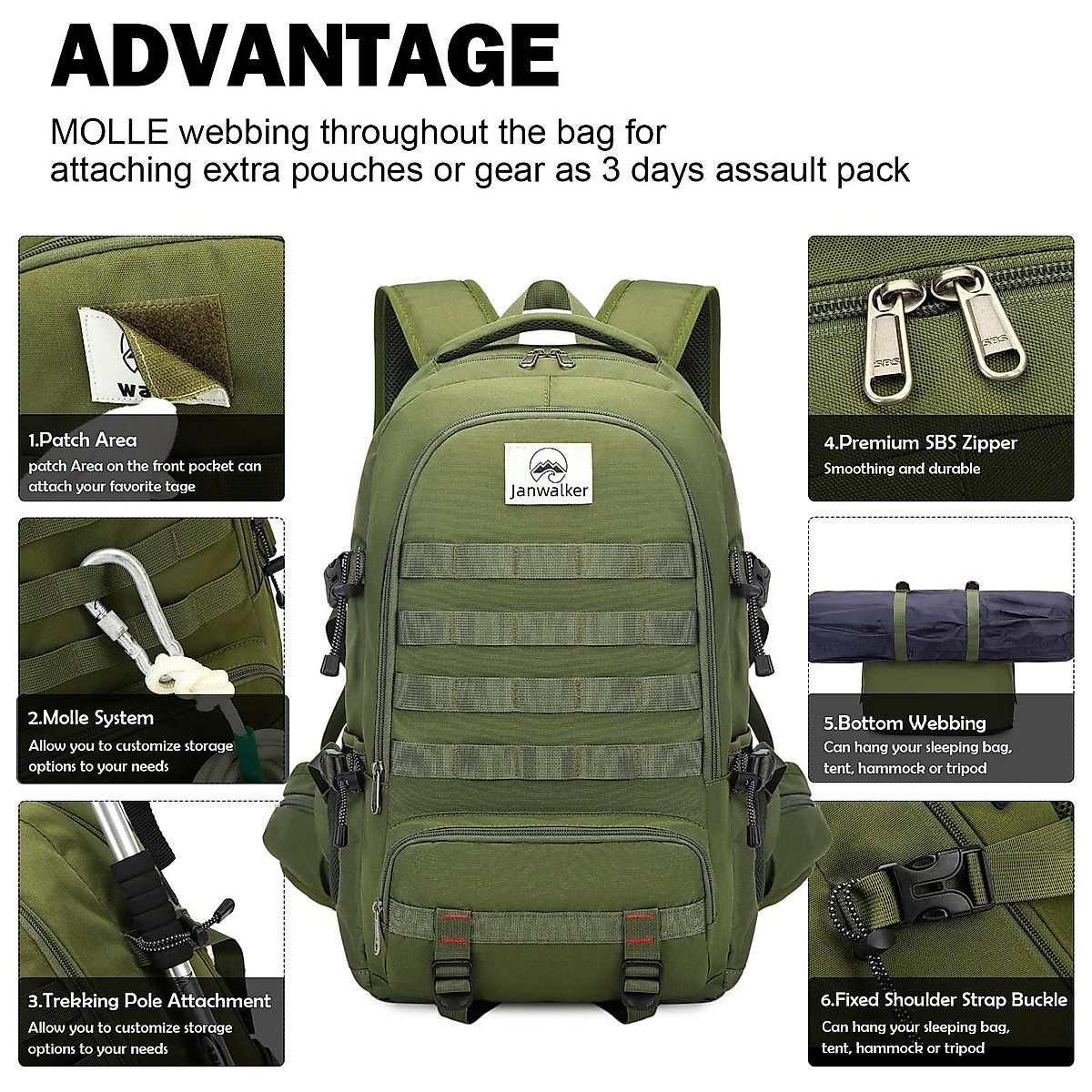 JANSBEN Hiking Camping Backpack 40L, Lightweight Rucksack Men Women Outdoor Sport Trekking Traveling Daypack