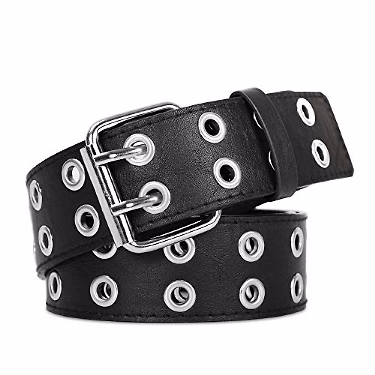 XZQTIVE Double Grommet PU Leather Belt for Women/Men Punk metal Jean Belt Wide 1.5 Inch, Black, Fit Pants 35-40 inch