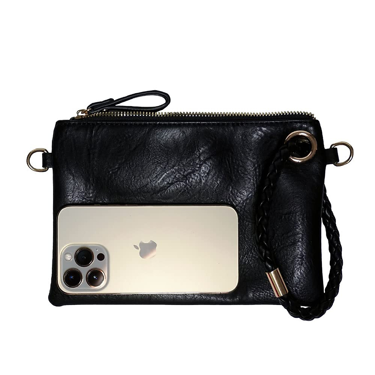 BLOOMING BLUE Vegan Wristlet Wallet Crossbody Purse Bags for Women with Long Shoulder Strap (Black)