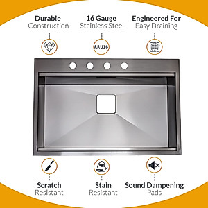 Strictly Sinks 33” Topmount Kitchen Workstation Sink-Black Single Bowl 16 Gauge Stainless Steel Drop In Sink with Wooden Cutting Board, Color Matching Colander & Strainer Square Drain