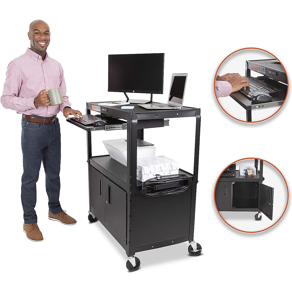 Line Leader Extra Wide AV Cart with Locking Cabinet, Rolling Computer Desk, Height Adjustable Utility Cart with Pullout Keyboard Tray & UL-Listed Power Strip, Great for Projectors (42 x 32 x 20in)