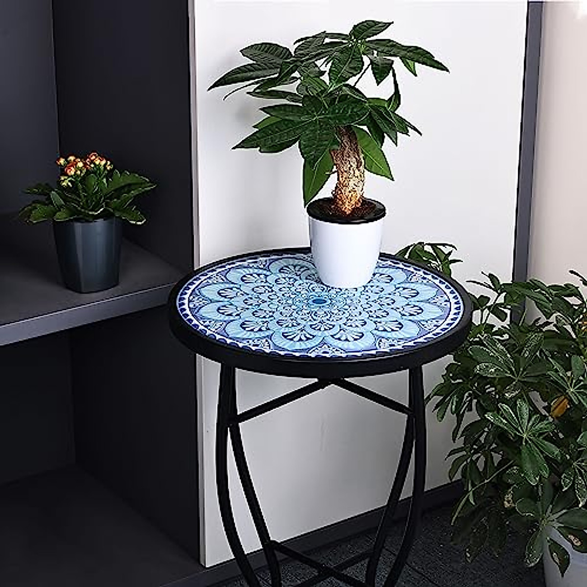 Elevon 14 Inch Round Side Ceramic Tile Top Indoor and Outdoor Accent Table, Pineapple