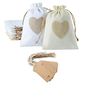 FILIFALA 20 Pieces Heart Burlap Bags with Tags and Ropes,5 x 7 Inch Drawstring Linen Gift Pouch for Valentine's Day,Jewelry,Makeup,Wedding,Party,Birthdays,Baby shower Favor Gift Bags