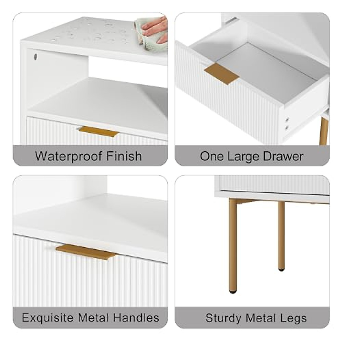 AEPOALUA Nightstand,Small Bedside Table with Gold Frame,White Night Stand,Bedside Furniture,Side Table with Drawer and Shelf for Bedroom,Living Room