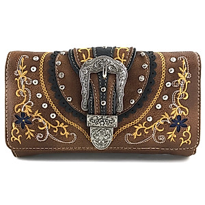 Justin West Concealed Carry Laser Cut Tritone Flower Embroidered Vines Leaves Tooled Flower Buckle Crossbody Messenger Handbag | Trifold Wallet (Brown Trifold Wallet ONLY)