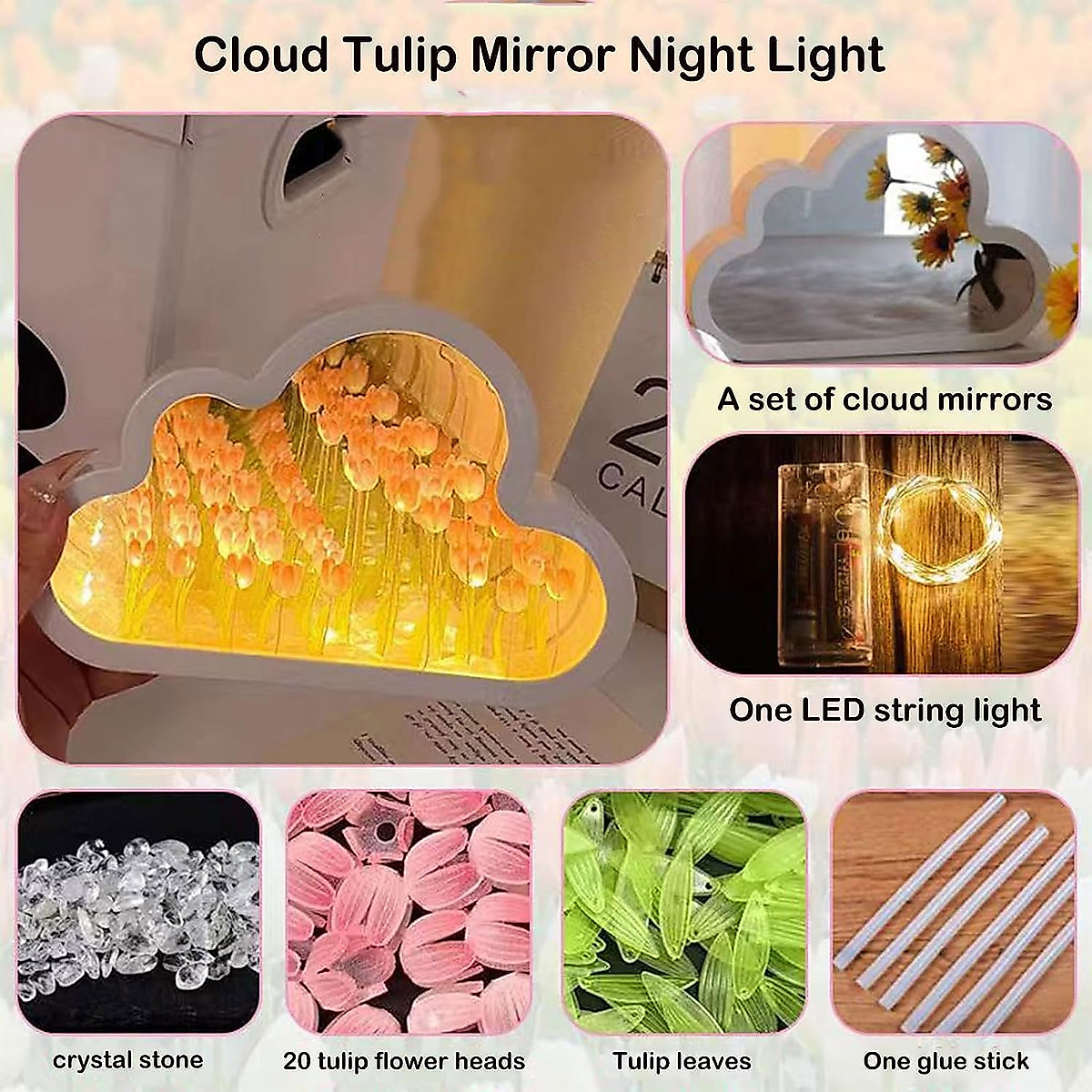 20 Flower Cloud Tulip Mirror Night Light,DIY Tulip Cloud Mirror Night Lights for Bedroom,LED tulip lamp Bedroom Decoration Youth Girl Creative Gift, Birthday, Anniversary, Mother's Day. (Pink)