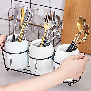 4 Piece Silverware Holder for Organizer Countertop White Ceramic Silverware Caddy with Black Metal Rack, Fork Spoon Utensil Holder Flatware Organizers Cutlery Storage for Kitchen Tabletop Cabinet