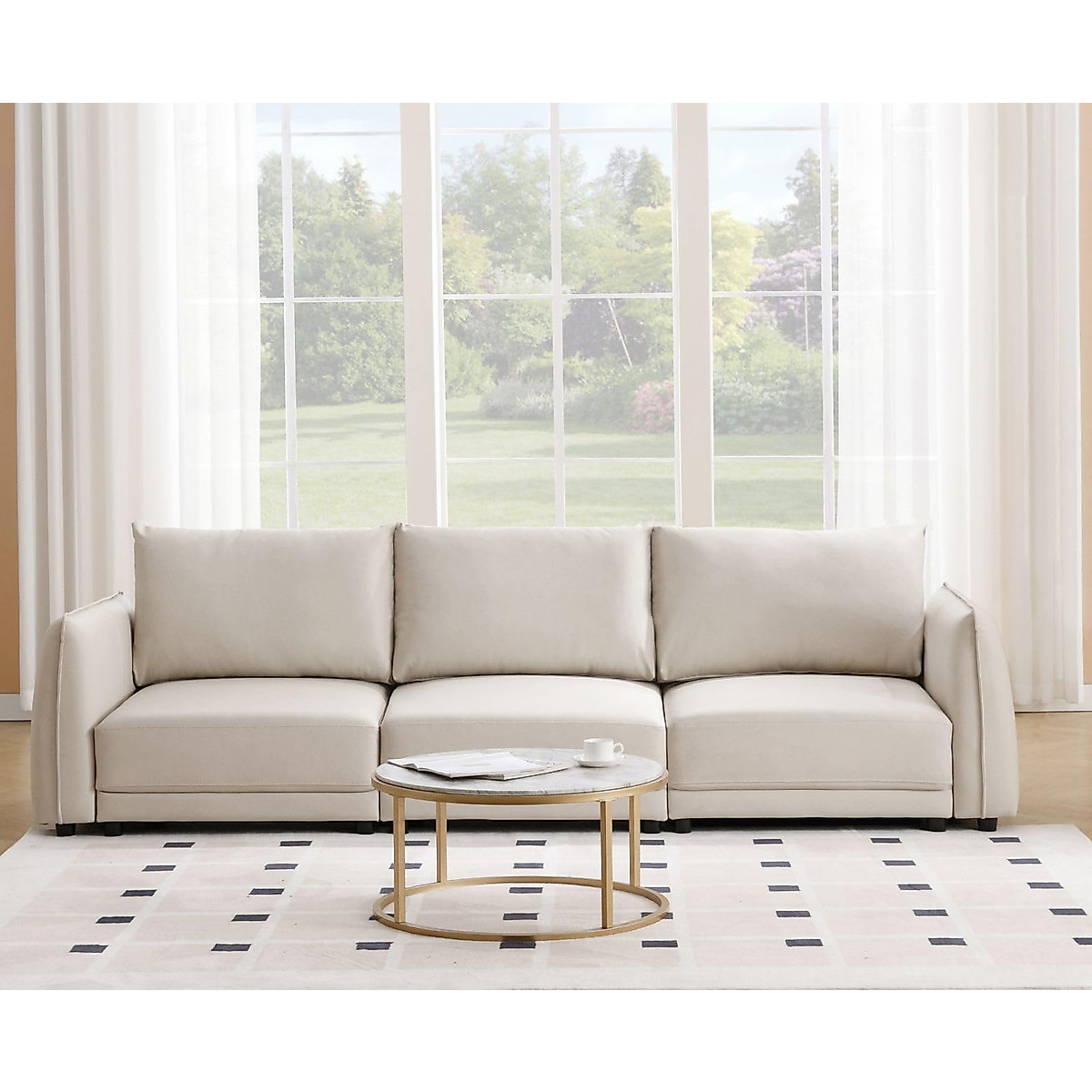 DAYALANE L Shaped Sectional Sofa, PU Leather Modular Covertible Sectional Couch with Arms, Modern Deep 4 Seat Couch Upholstered Sofa for Living Room, Studio, Office, Apartment, Off White