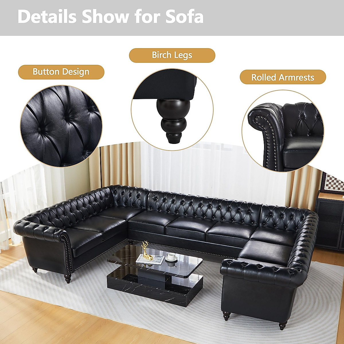 QHITTY U-Shaped Sofa, Sectional Chesterfield Leather Faux Couch 9-Seater Upholstered Large Accent Tufted Sofa with Rolled Armrest and Nailhead Design for Living Room, Apartment, Office (Black)