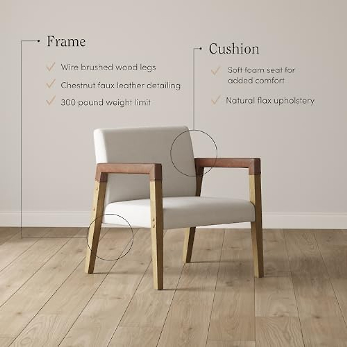 Nathan James Hudson Accent Living Room Chair, Comfy Reading Bedroom Chair, Mid-Century Wood Armchair, Upholstered Fabric and Leather Armrest, Set of 2