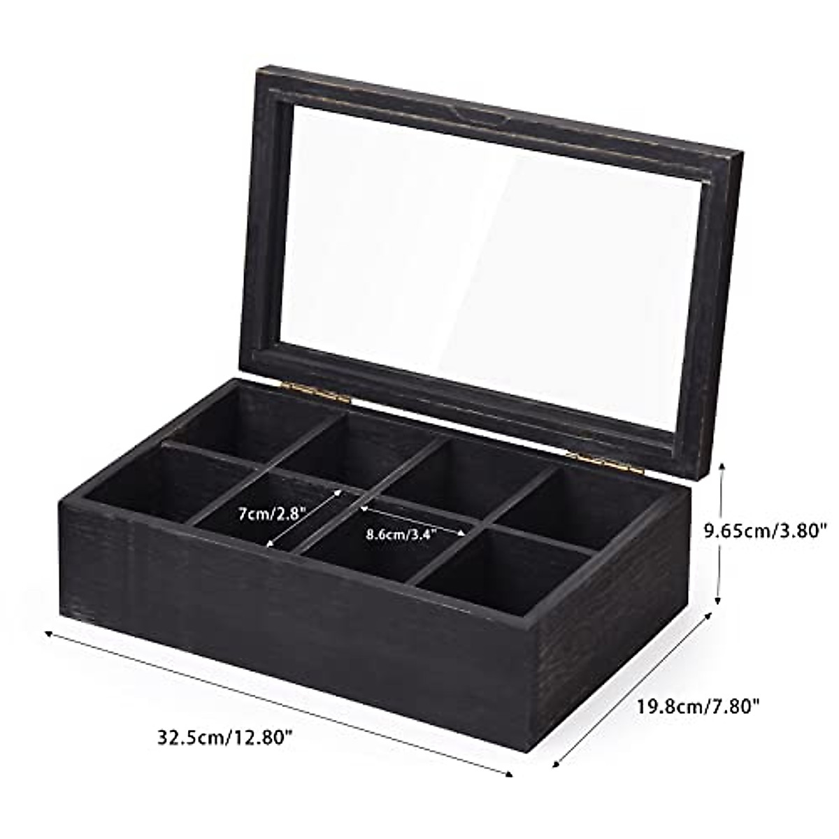 Alsonerbay Wooden Tea Box Tea Bag Holder Kitchen Storage Chest Box for Spice Pouches and Sugar Packets with 8 Compartments and Glass Window Weathered Black