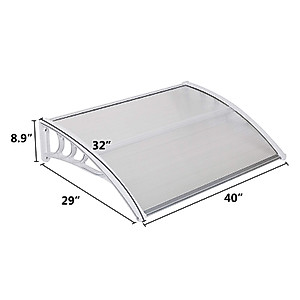 Window Awning Door Canopy, Outdoor Polycarbonate Cover Outdoor Front Door Patio Canopy UV Rain Snow Sunlight Protection (40" x 32", White Canopy/White Bracket)