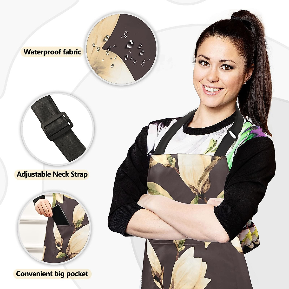 White Magnolia flowers With Leaves On Black Cooking Apron Heat Insulated Microwave Oven Mitts with Pot Holder Pad Kitchen Decor 5Pcs Set Oven Gloves Protectors Mat for Grilling Baking