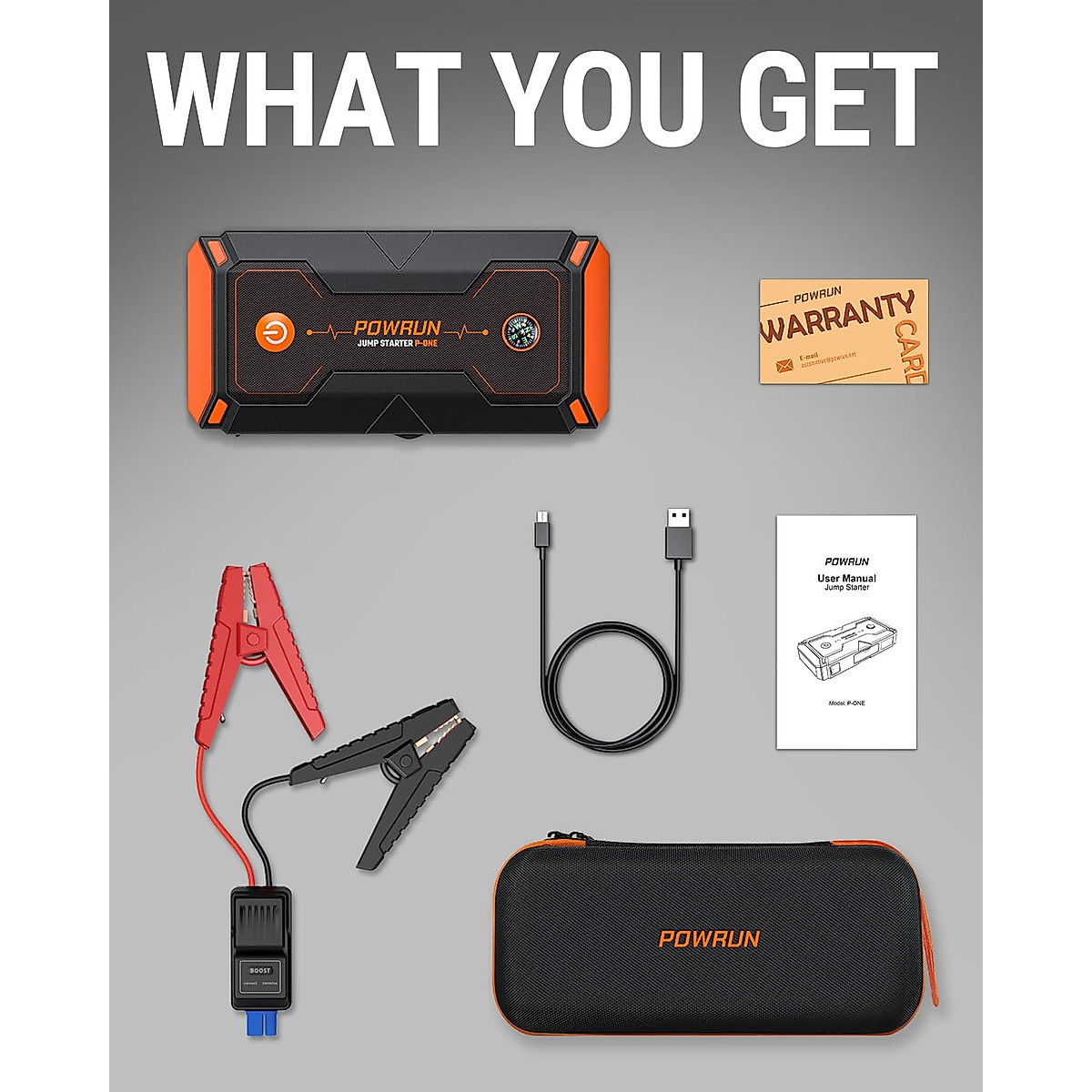Powrun P-ONE Jump Starter, 2000A Portable Jump Box - Car Jump Starter Battery Pack for up to 8.0L Gas and 6.5L Diesel Engines, 12V Battery Jump Starter with Carry Case (Orange)