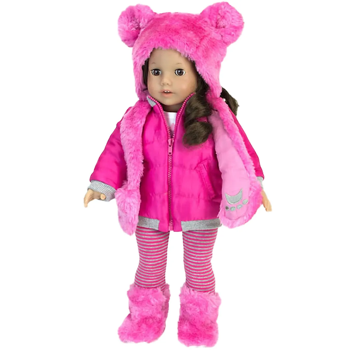 Sophia's 18" Doll 4 pc. Winter Outfit with Hot Pink Nylon Zipped Jacket, Bear Faux Fur Hat and Boots, and Hot Pink and Gray Striped Leggings