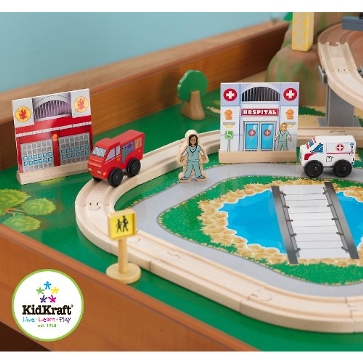 KidKraft Ride Around Town Wooden Train Set and Table with Helicopter, Airplane, Farm, Storage Bins and 100 Pieces, Compatible with Other Major Brand Trains, Honey