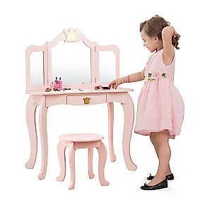 MAT EXPERT Kids Vanity Table & Stool, Princess Makeup Dresser w/Removable Tri-Folding Crown Mirror, 2 in 1 Wooden Kids Girl Vanity w/Drawer, Princess Pretend Play Makeup Dresser Gift (Pink)